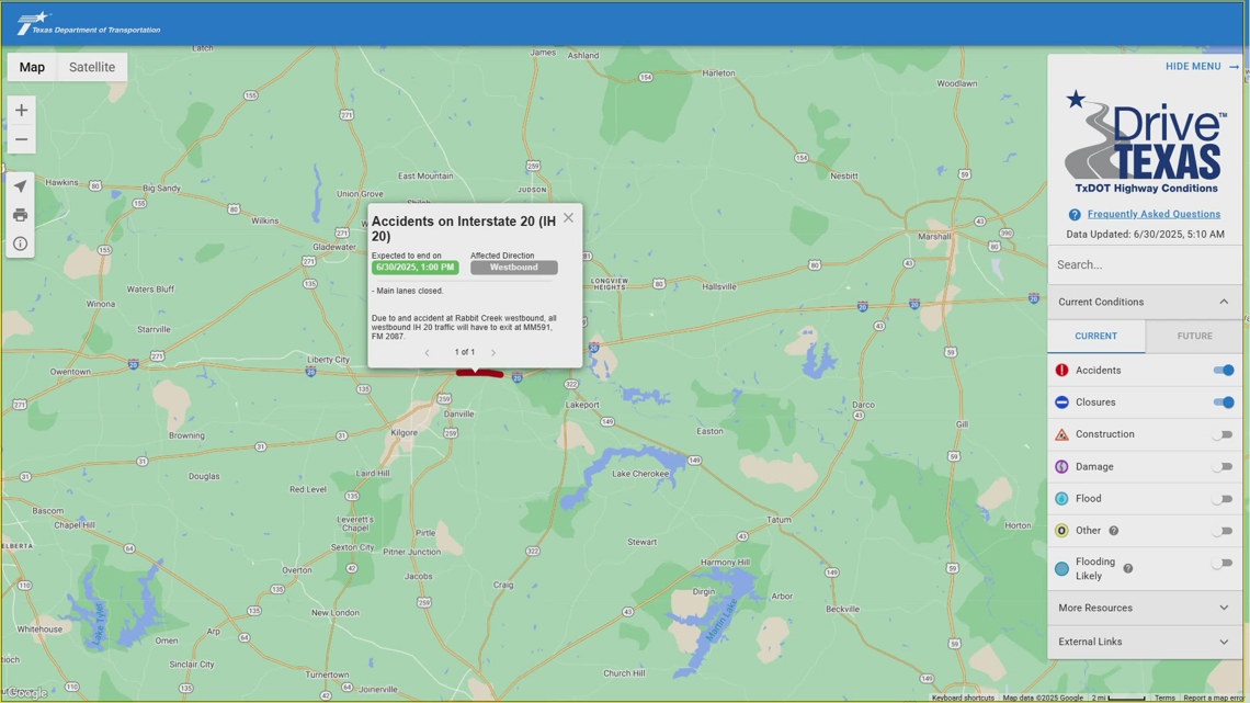 Major crash blocking I-20 near Kilgore | cbs19.tv