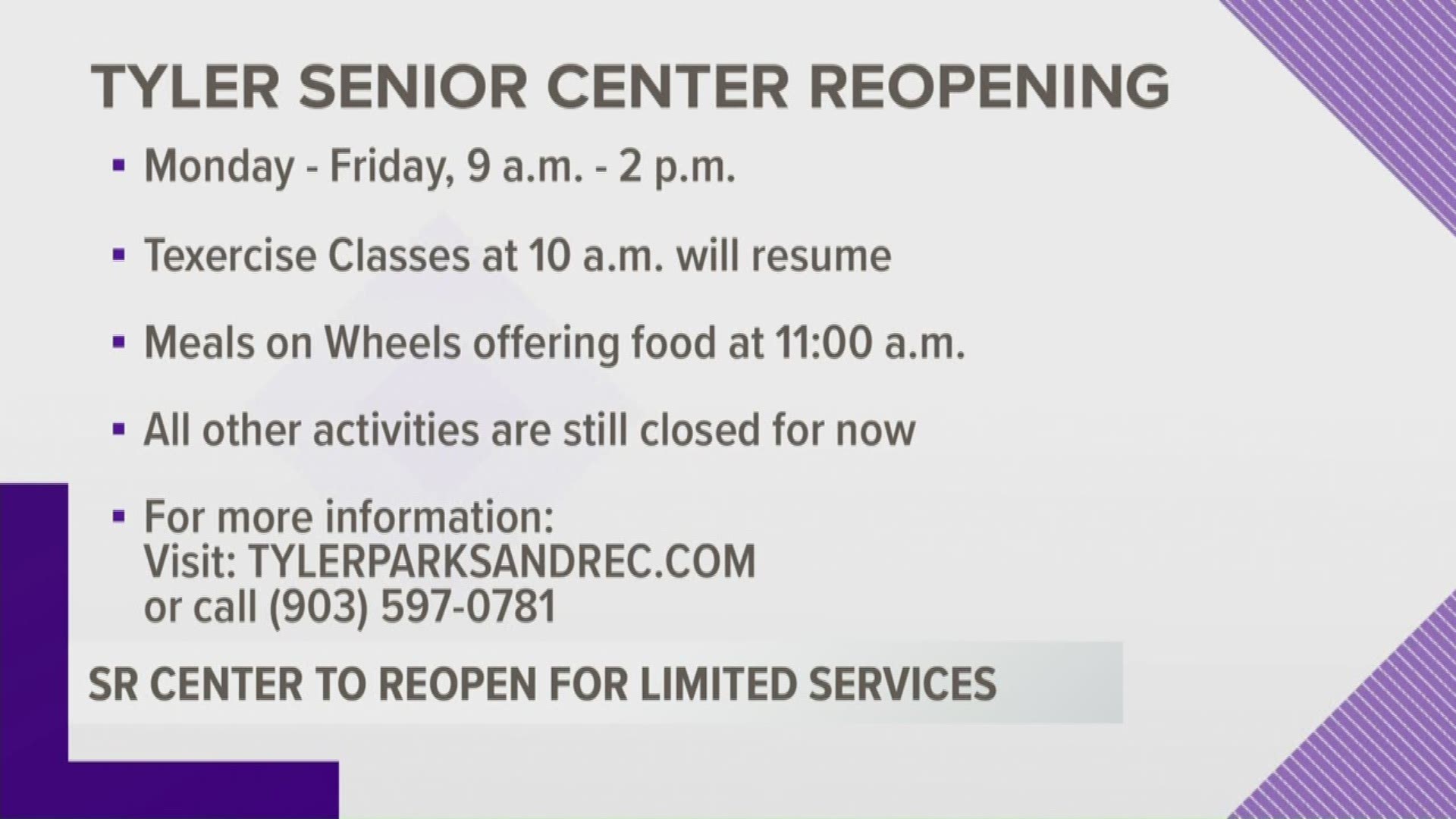 Tyler Senior Center to reopen Monday with significant changes | cbs19.tv