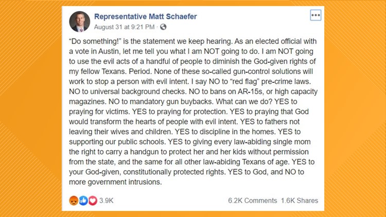 Texas Rep. Matt Schaefer responds to viral post on gun control | cbs19.tv