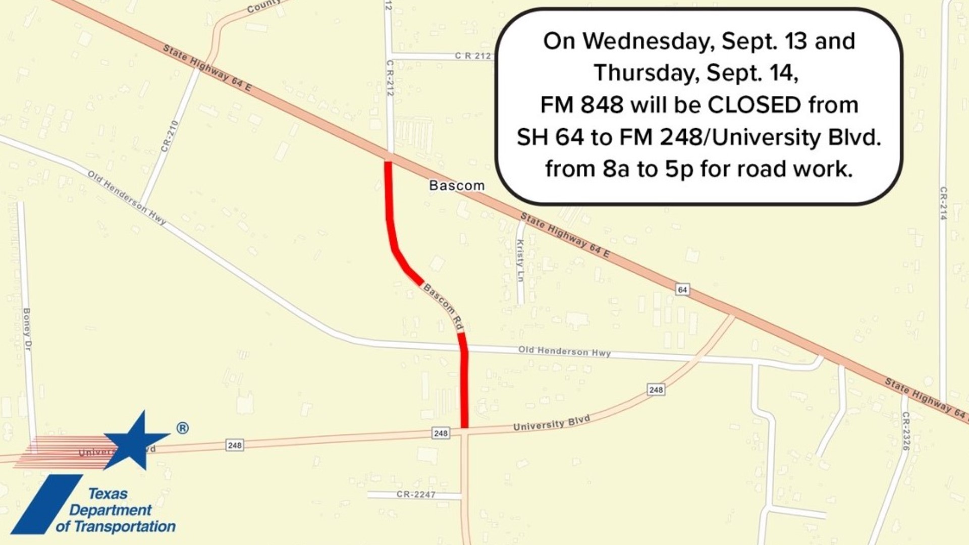 TxDOT announces road closures in Tyler effective on Monday | cbs19.tv